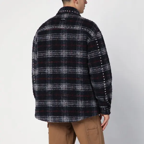 Palm Angels Over Shirt In Navy Check Wool With Studs
