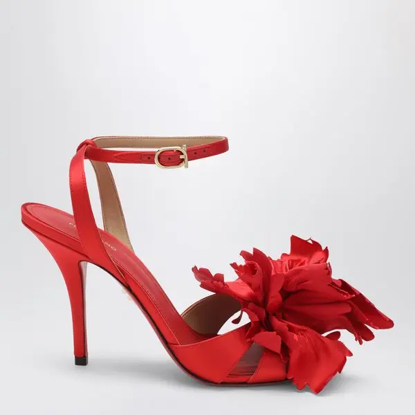 FERRAGAMO Satin Sandals With Flower Detail - Red