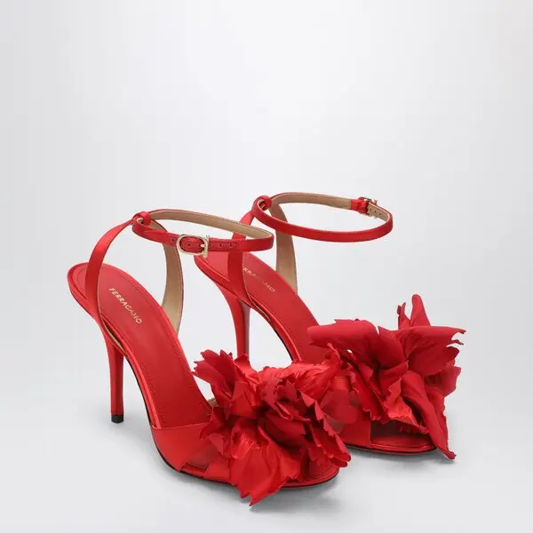 FERRAGAMO Satin Sandals With Flower Detail - Red