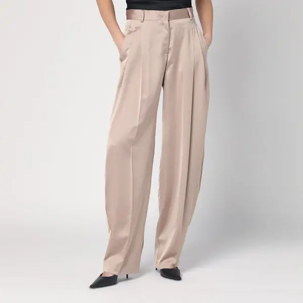Andamane Wide Greige Satin Trousers - Beige