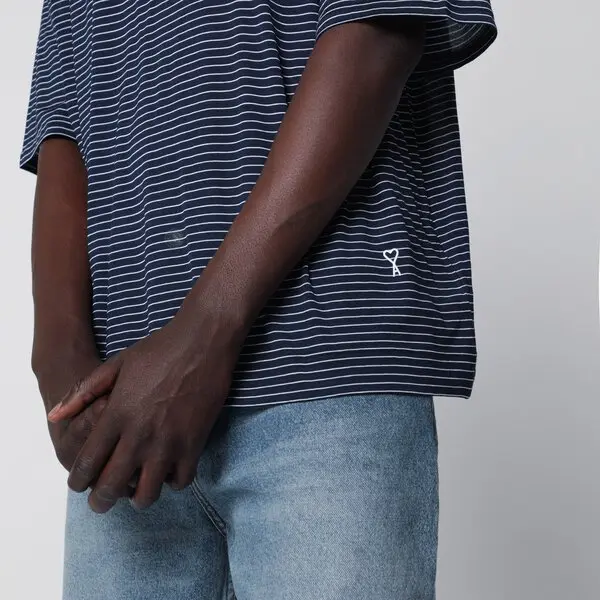 AMI Paris Blue/white Striped De Coeur Polo By