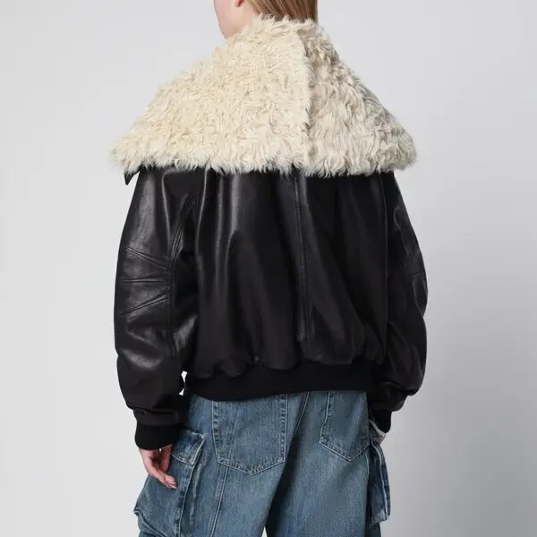 Attico Leather Bomber Jacket With Shearling Collar