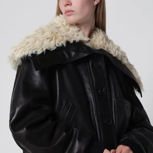 Attico Leather Bomber Jacket With Shearling Collar