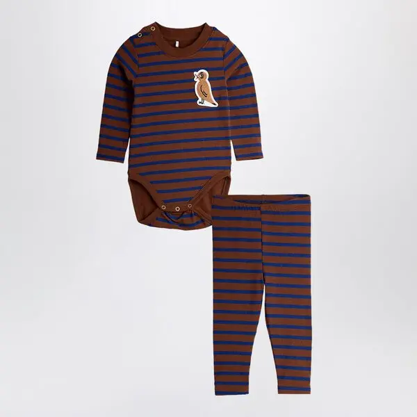 MINI RODINI Striped Bird Patch Baby Set - Brown