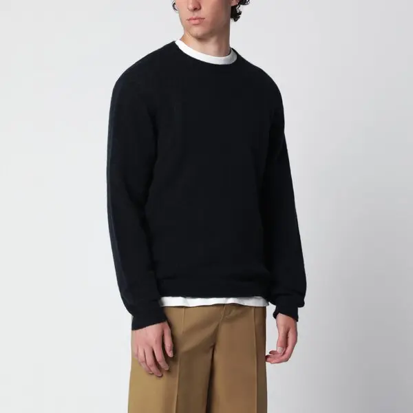 ROBERTO COLLINA Navy Merino Wool Blend Crew Neck Sweater - Blue