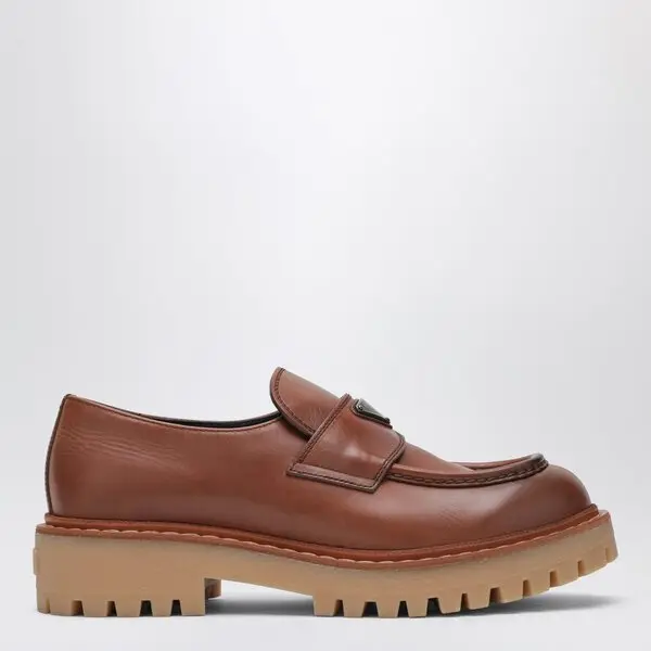 Prada Ebony Leather Loafers With Enamelled Triangle Logo