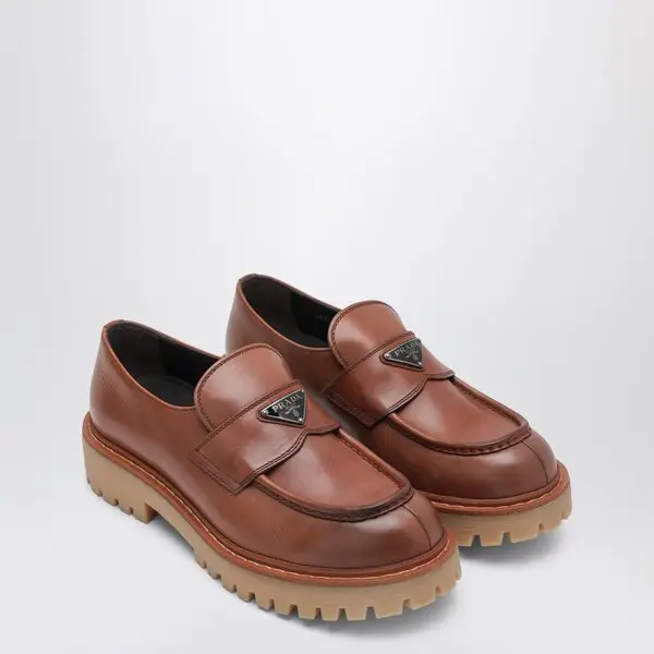 Prada Ebony Leather Loafers With Enamelled Triangle Logo