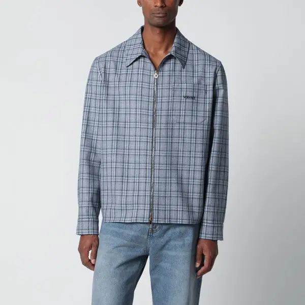 Versace Light Blue Zip-up Checked Shirt