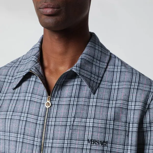 Versace Light Blue Zip-up Checked Shirt