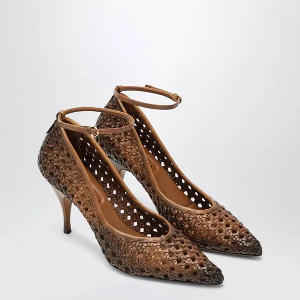 Miu Miu Cognac Woven Leather Pumps With Adjustable Ankle Strap