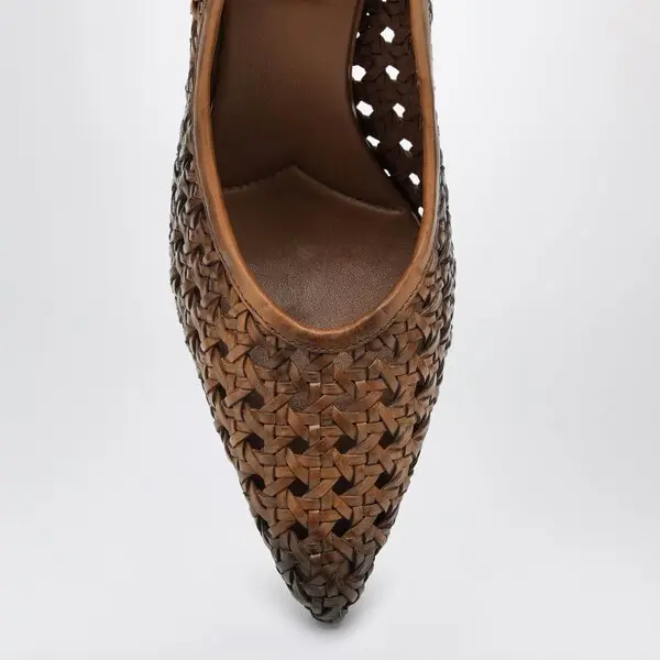 Miu Miu Cognac Woven Leather Pumps With Adjustable Ankle Strap