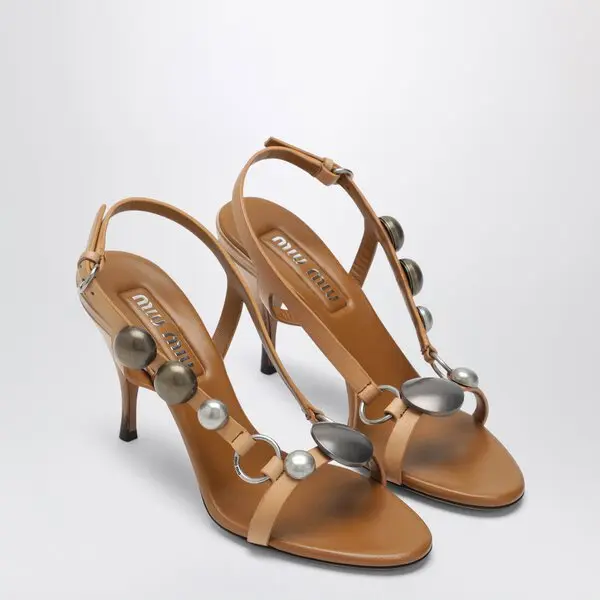 Miu Miu Honey-colored Leather Sandals With Metal Details