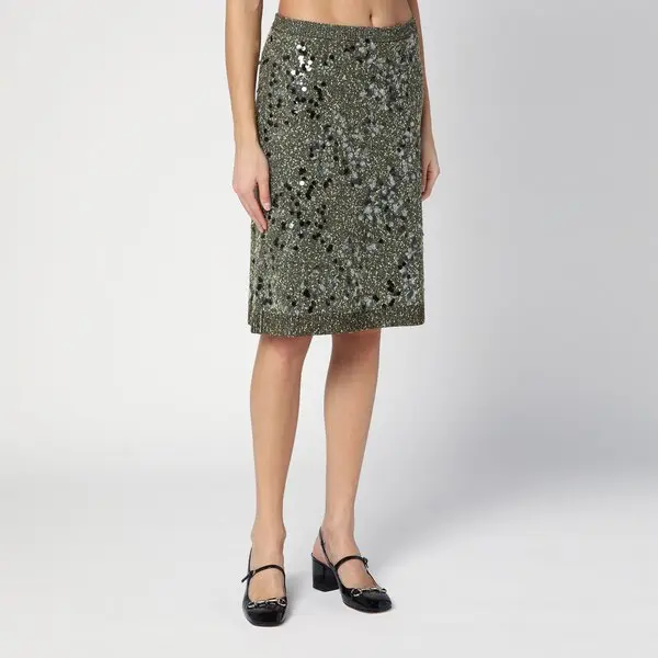 Gucci Dark Viscose And Tweed Blend Skirt With Sequin Embroidery