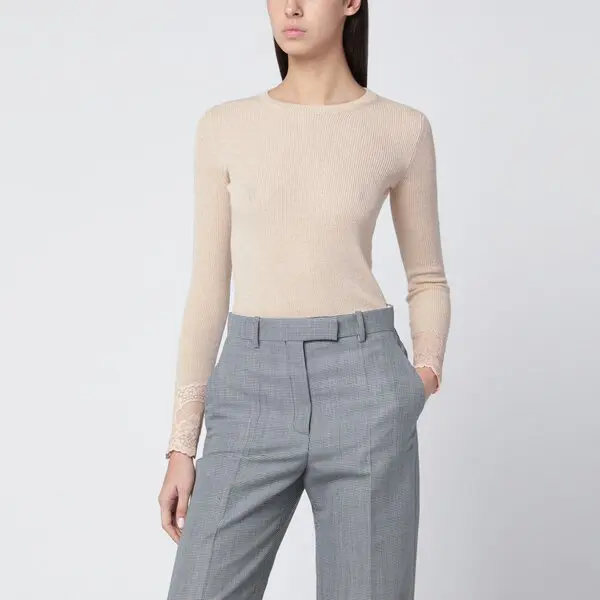 Valentino Garavani Alabaster Cashmere Sweater With Lace-embroidered Cuffs