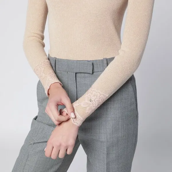 Valentino Garavani Alabaster Cashmere Sweater With Lace-embroidered Cuffs