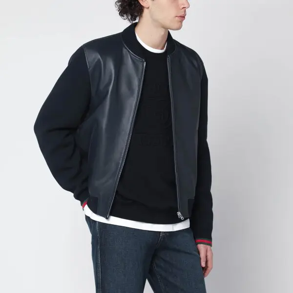 Gucci Navy Nappa Leather And Knit Bomber Jacket