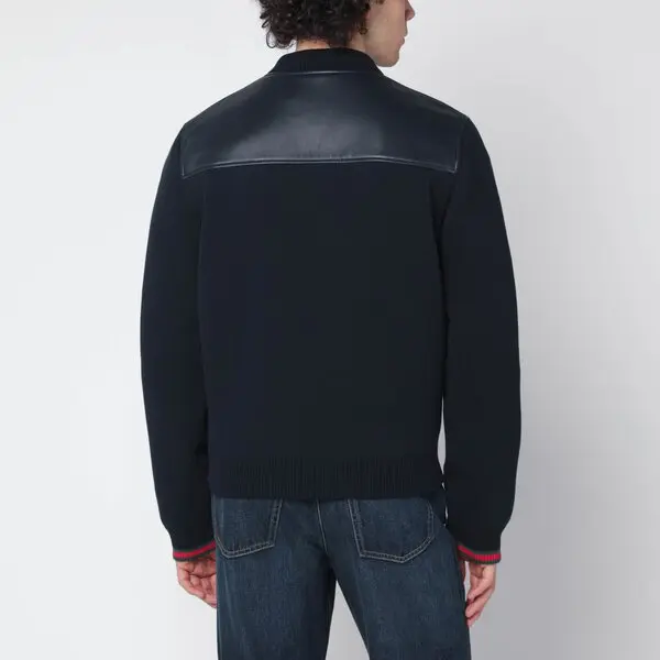 Gucci Navy Nappa Leather And Knit Bomber Jacket