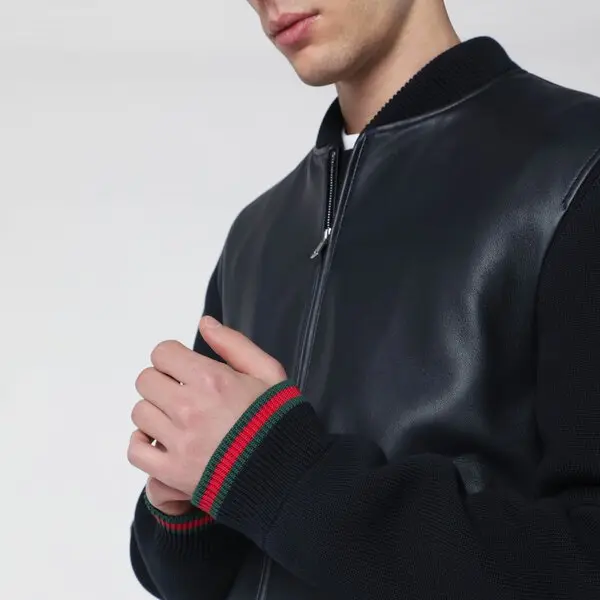 Gucci Navy Nappa Leather And Knit Bomber Jacket