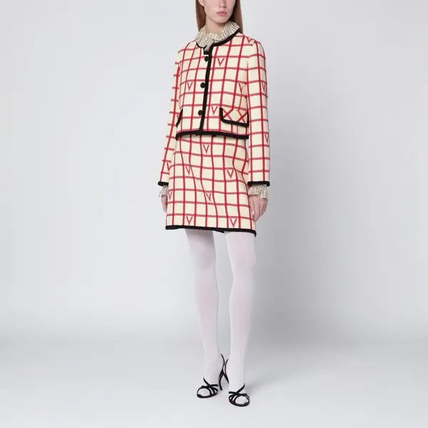 Valentino Garavani Ivory Wool And Cotton-blend Skirt With Check Vlogo Pattern