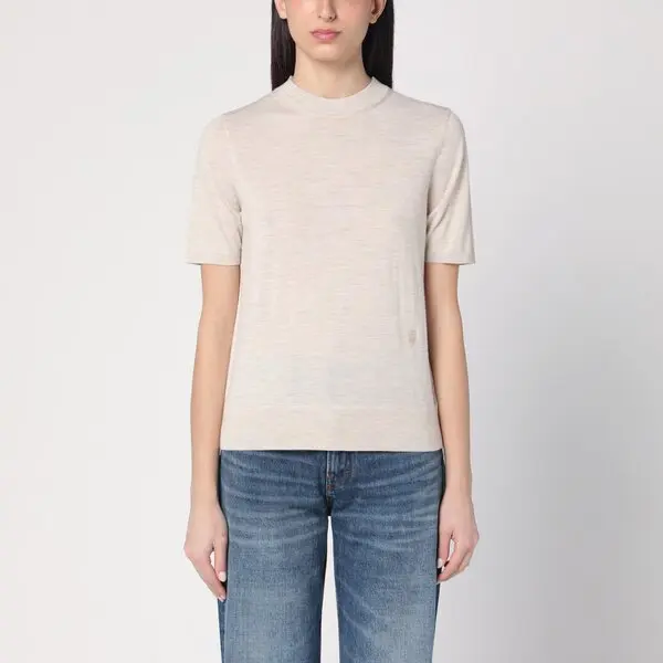 Burberry Beige Wool Crew Neck Sweater With Embroidered Logo And Slit Detail