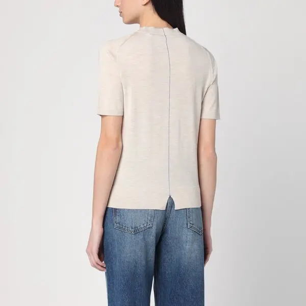 Burberry Beige Wool Crew Neck Sweater With Embroidered Logo And Slit Detail
