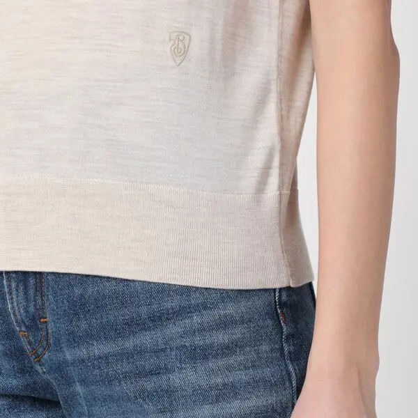 Burberry Beige Wool Crew Neck Sweater With Embroidered Logo And Slit Detail