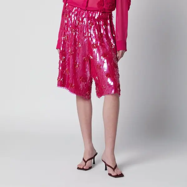 Dries Van Noten Fuchsia Silk Bermuda Shorts With Sequins