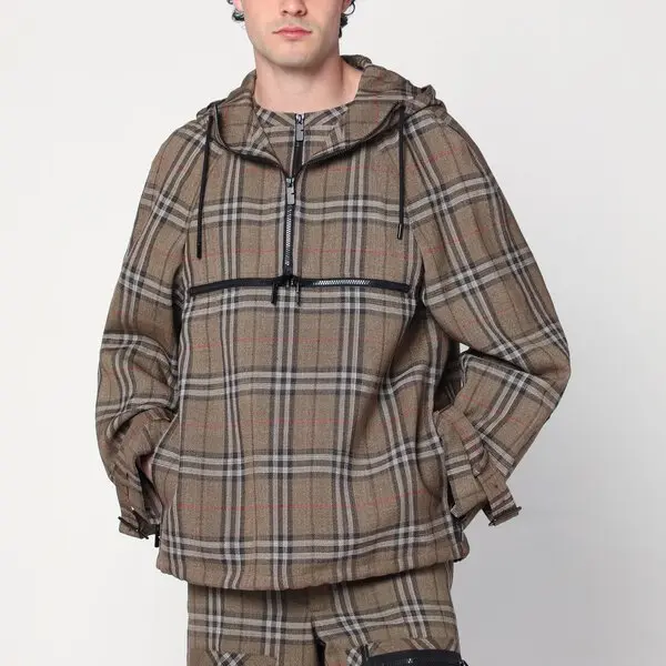 Burberry Silk Blend Check Pattern Hooded Half-zip Jacket