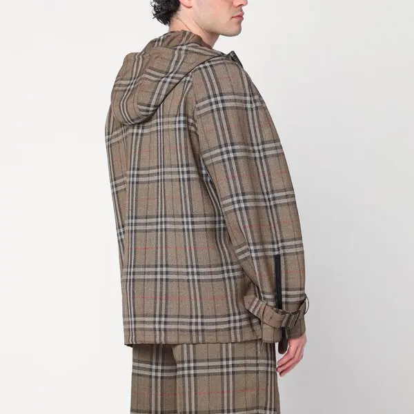 Burberry Silk Blend Check Pattern Hooded Half-zip Jacket