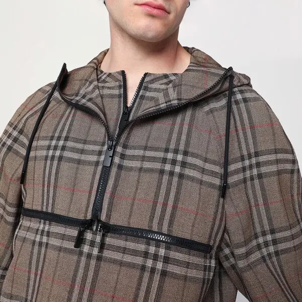 Burberry Silk Blend Check Pattern Hooded Half-zip Jacket