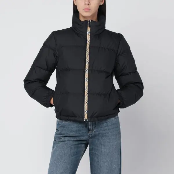 Burberry Zip-up Puffer Jacket With Check Detail - Black