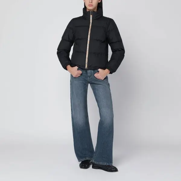 Burberry Zip-up Puffer Jacket With Check Detail - Black