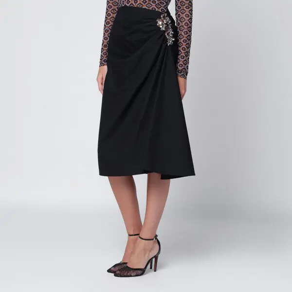 Dries Van Noten Black Draped Skirt With Embellished Brooch