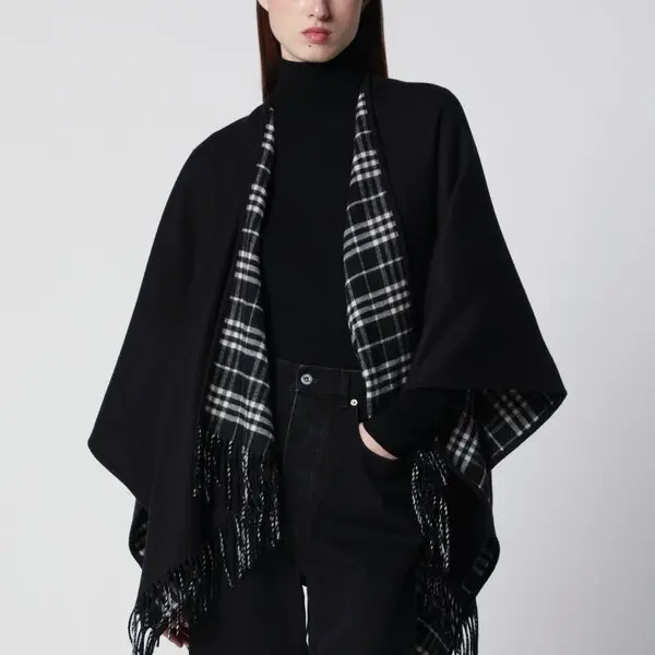 Burberry Reversible Wool Cape With Fringes - Black