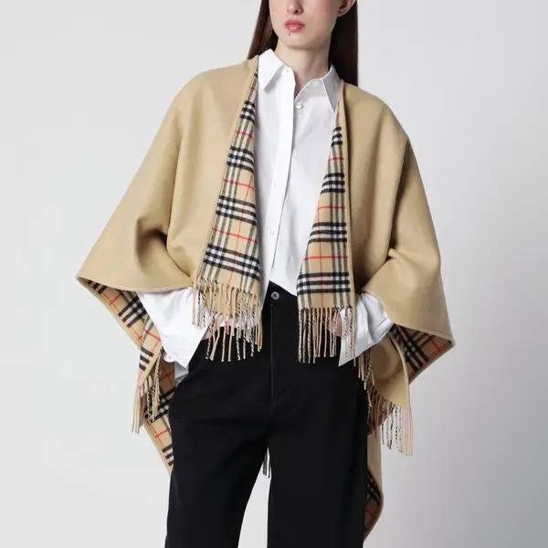 Burberry Reversible Wool Check Cape With Fringes In Sand - Beige