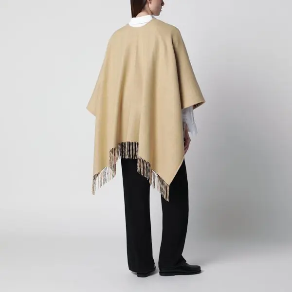 Burberry Reversible Wool Check Cape With Fringes In Sand - Beige