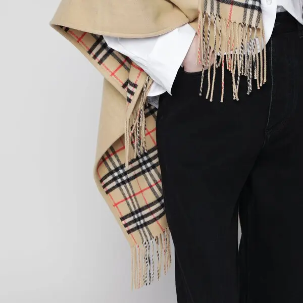 Burberry Reversible Wool Check Cape With Fringes In Sand - Beige