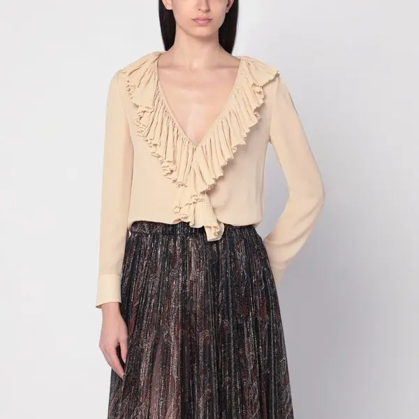Saint Laurent Ruffled V-neck Silk Blouse - Beige