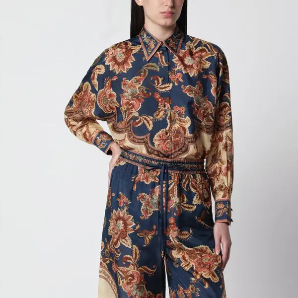 Zimmermann Aster Relaxed Navy Jacobean Silk Shirt - Multicolor
