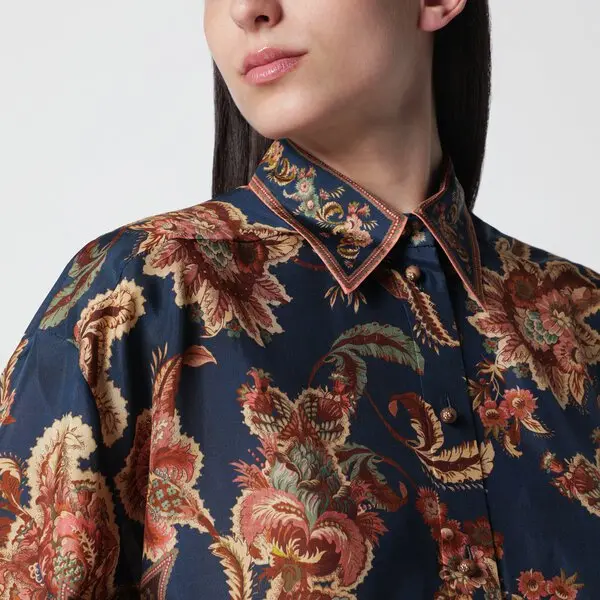 Zimmermann Aster Relaxed Navy Jacobean Silk Shirt - Multicolor
