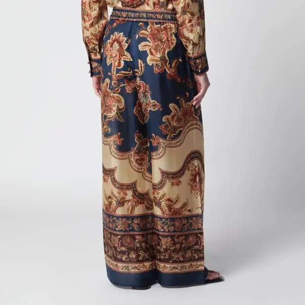 Zimmermann Aster Navy Jacobean Printed Silk Trousers - Multicolor