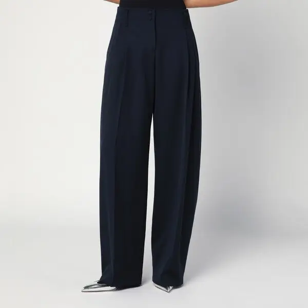 Alexander McQueen Navy Wool Wide Leg Trousers
