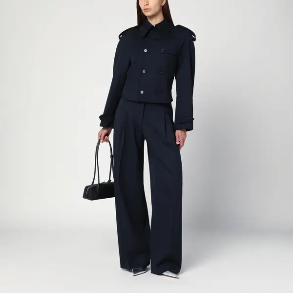Alexander McQueen Navy Wool Wide Leg Trousers