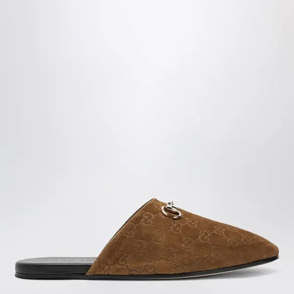 Gucci Suede Sabot With Gg Embroidery And Horsebit Detail