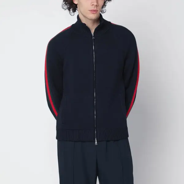 Gucci Dark Wool Zip-up Cardigan With Web Stripe