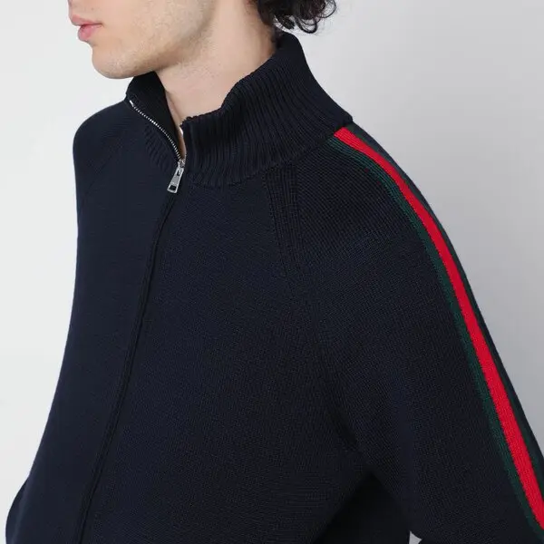 Gucci Dark Wool Zip-up Cardigan With Web Stripe