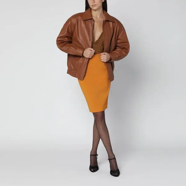 Saint Laurent Ochre Yellow Satin Pencil Skirt - Orange