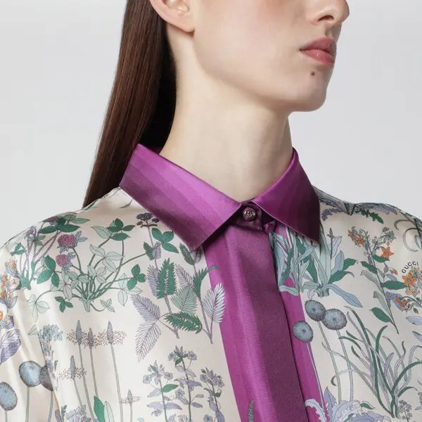 Gucci Ivory Silk Twill Floral Print Shirt
