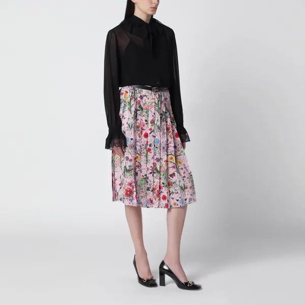 Gucci Flora Print Pleated Silk Midi Skirt