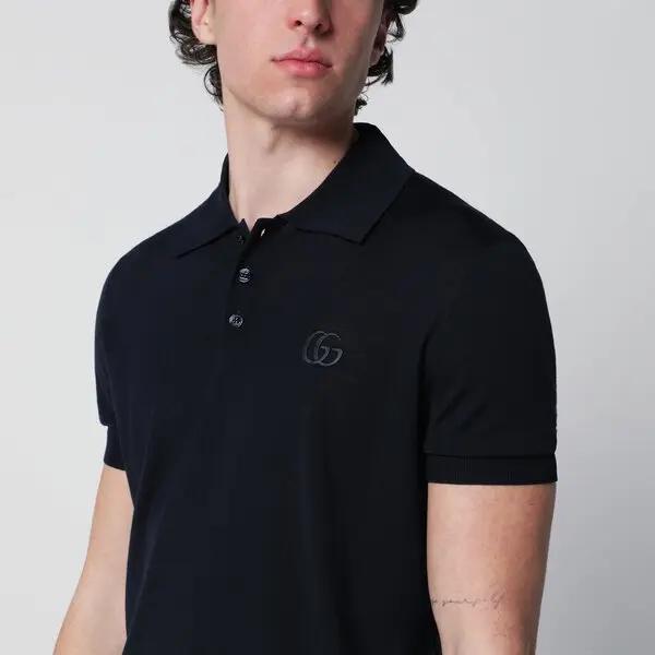 Gucci Dark Wool Knit Polo With Gg Embroidery